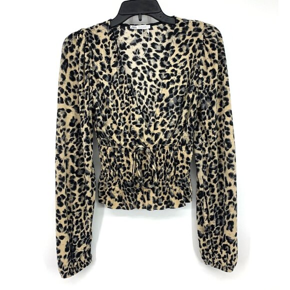 Zara | Tops | Zara Top Leopard Print V Neck Long Sleeve Pleated Tie ...
